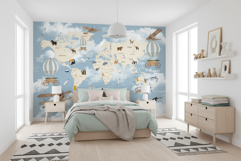 Whimsical World Map Wallpaper for Kids – Custom Educational Mural ...